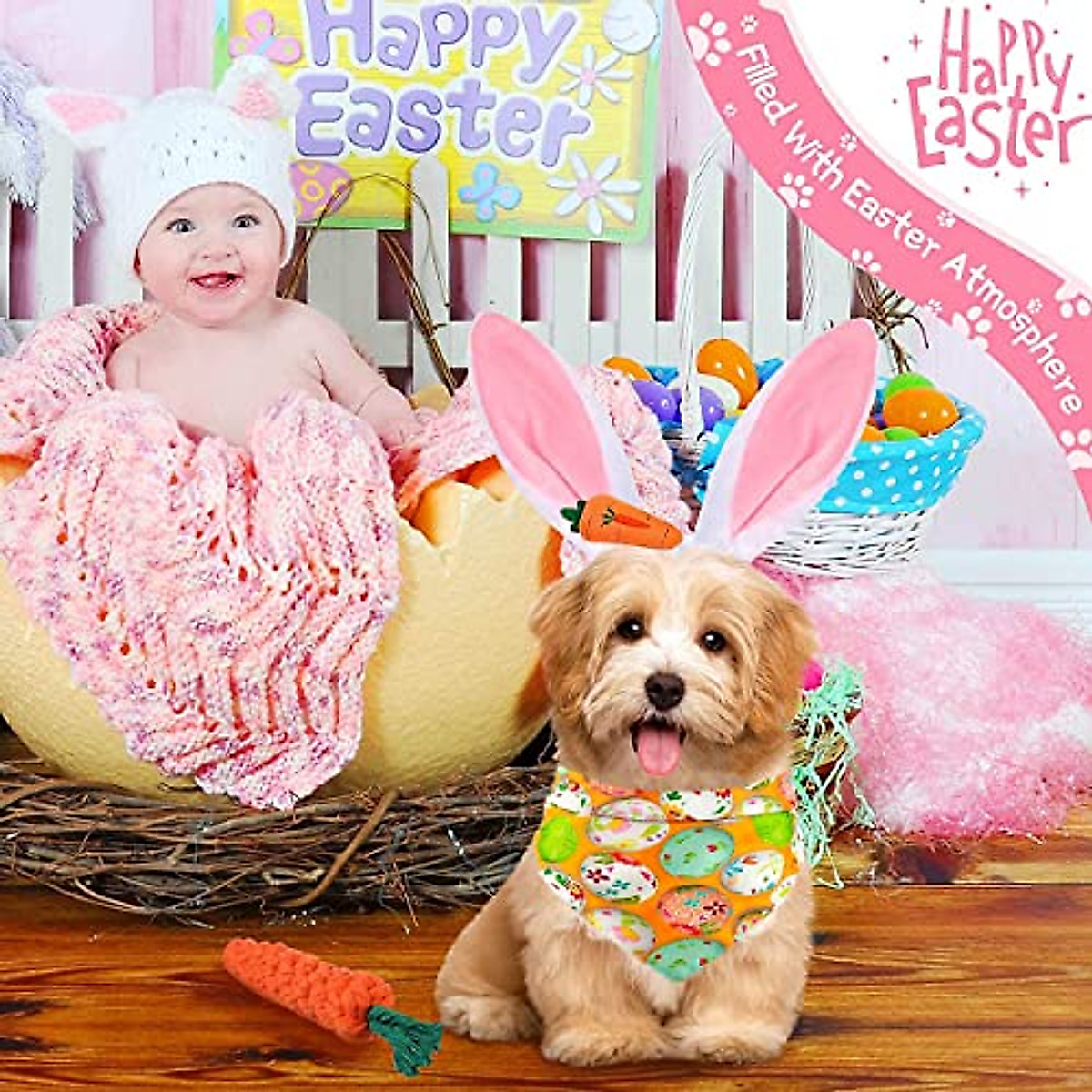 Dog Easter Bunny Costume, 3 Pack Pet Rabbit Ears Headband, Egg Dog Bandana, Carrot Dog Toy Set, Easter Dog Costumes for Small Dogs Cat Puppy Party Apparel Easter Halloween Accessory Headwear
