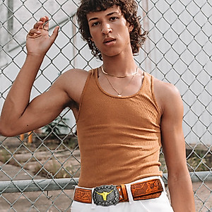 RechicGu Mens Western Leather Buckle Belt, Bull Head Engraved Brown Cowboy Concho Belts With Long Horn Bull Buckles, 1-1/2 Inch Wide S Silver