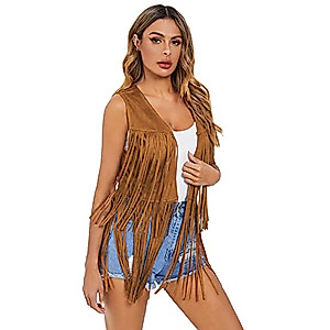 Verdusa Women's Tassel Sleeveless Vest 70s Hippie Faux Suede Fringe Jacket Cardigan Brown L