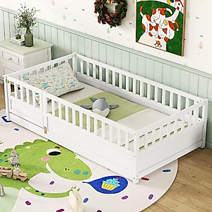 CITYLIGHT Twin Floor Bed with High Rails, Wood Montessori Floor Bed with Door Design, Kids Twin Bed Frame with Bed Slats for Boys Girls Children,White