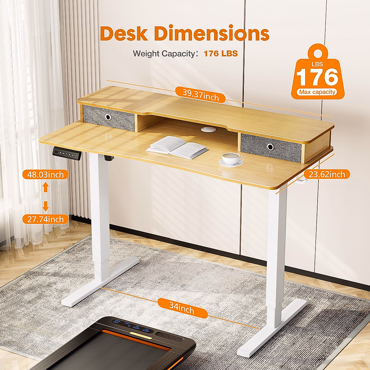 Height Adjustable Electric Standing Desk with Storage Shelf Double Drawer, 40 x 24 Inch Stand up Desk, Sit Stand Desk with Splice Board, Standing Table White Frame/Oak Desktop for Home Office