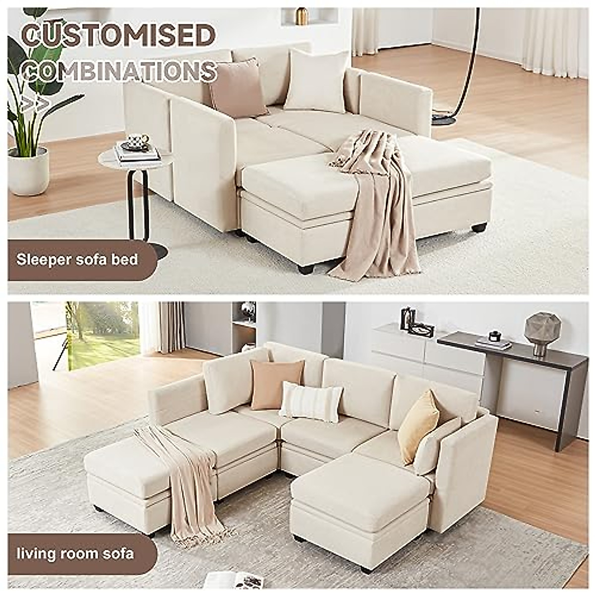 Weture Modular Sectional Sofa, Convertible U Shaped Sofa Couch with Storage, High Supportive & Soft Sponges, 6 Seat Modular Sectionals Sofa Couch with Chaise for Living Room, Beige