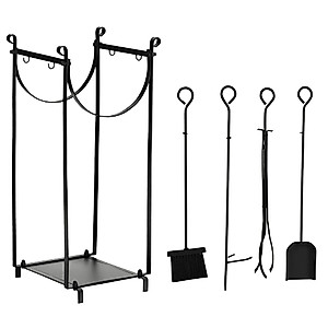 Outsunny Firewood Rack with Fireplace Tools, Indoor Outdoor Firewood Holder, 30.25" Tall Build with 2-Tiers for Fireplace, Wood Stove, Hearth or Fire Pit, Includes Poker, Tongs, Broom, Shovel, Black