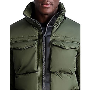 Karl Lagerfeld Paris Men's Quilted Zip Out Hood Puffer Jacket, Olive, Large