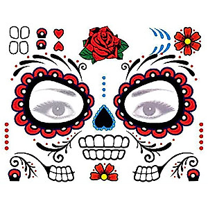 Day of Dead Face Tattoos, 6-Sheet Sugar Skull Tattoos Temporary Stickers and 3-Sheet Fake Floral Black Skeleton Web Full Face Mask Tattoo for Women Girls Kids Holloween Face Makeup