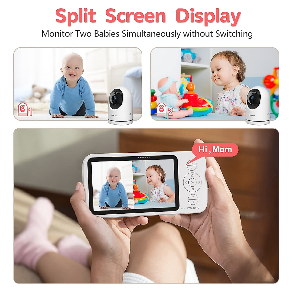 Itomoro Baby Monitor with 2 Cameras, 5" HD Split-Screen Video Baby Monitor Camera with Remote PTZ, 110° Wide Angle Lens, 2-Way Talk, 4X Zoom, Night Vision, 1000ft Range, 22h Battery Life, Lullabies