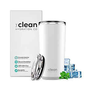 The Clean Hydration Company Insulated Coffee tumbler | Travel coffee mug | Ceramic Lined Tumbler | Iced Coffee Tumbler Cup with Lid | Double Wall Vacuum (White, Tumbler 20oz)