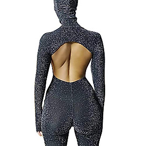 GUXMO Womens Sexy See Through Clubwear Jumpsuit Sparkly Backless Bodycon Long Sleeve Jumpsuits Party Night Outfits