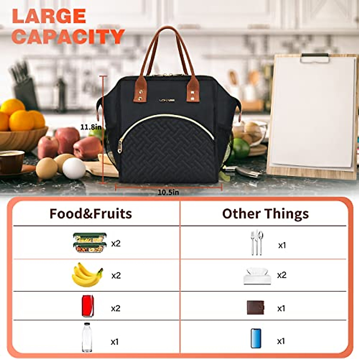 Lunch Bag Women, Reusable Insulated Lunch Box Large Wide-Open Water Resistant Adult Cooler Tote Bag for Work, Travel, Picnic – Black (Printed, Black)