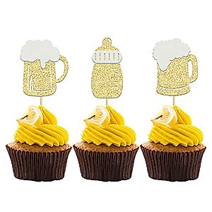 Gyufise 24Pcs Beer Mug Baby Bottle Cupcake Toppers Gold Glitter Baby Bottle Cupcake Picks Cheers Celebrating Baby Shower Birthday Party Cake Decorations