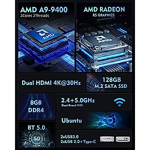 ATOPNUC Mini PC Ubuntu,AMD A9 9400 APU(up to 3.2Ghz) Linux Computer 8GB RAM 128GB SSD,Mini Desktop Computer Suppport 4K Dual HDMI/2.4&5G WiFi/BT5.0/Gigabit Ethernet/VESA/Auto Power On