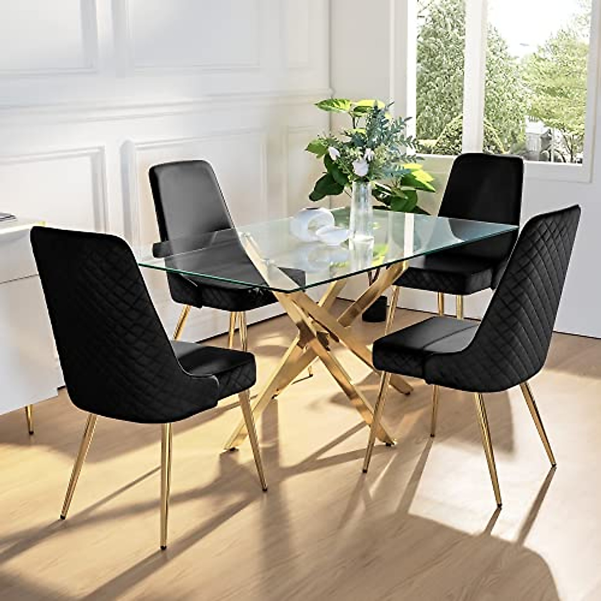 Comfy to go Dining Chairs, Velvet Dining Chairs Set of 4, Mid Century Modern Dining Room Chairs with High Back and Gold Legs(Black) Chairs Only