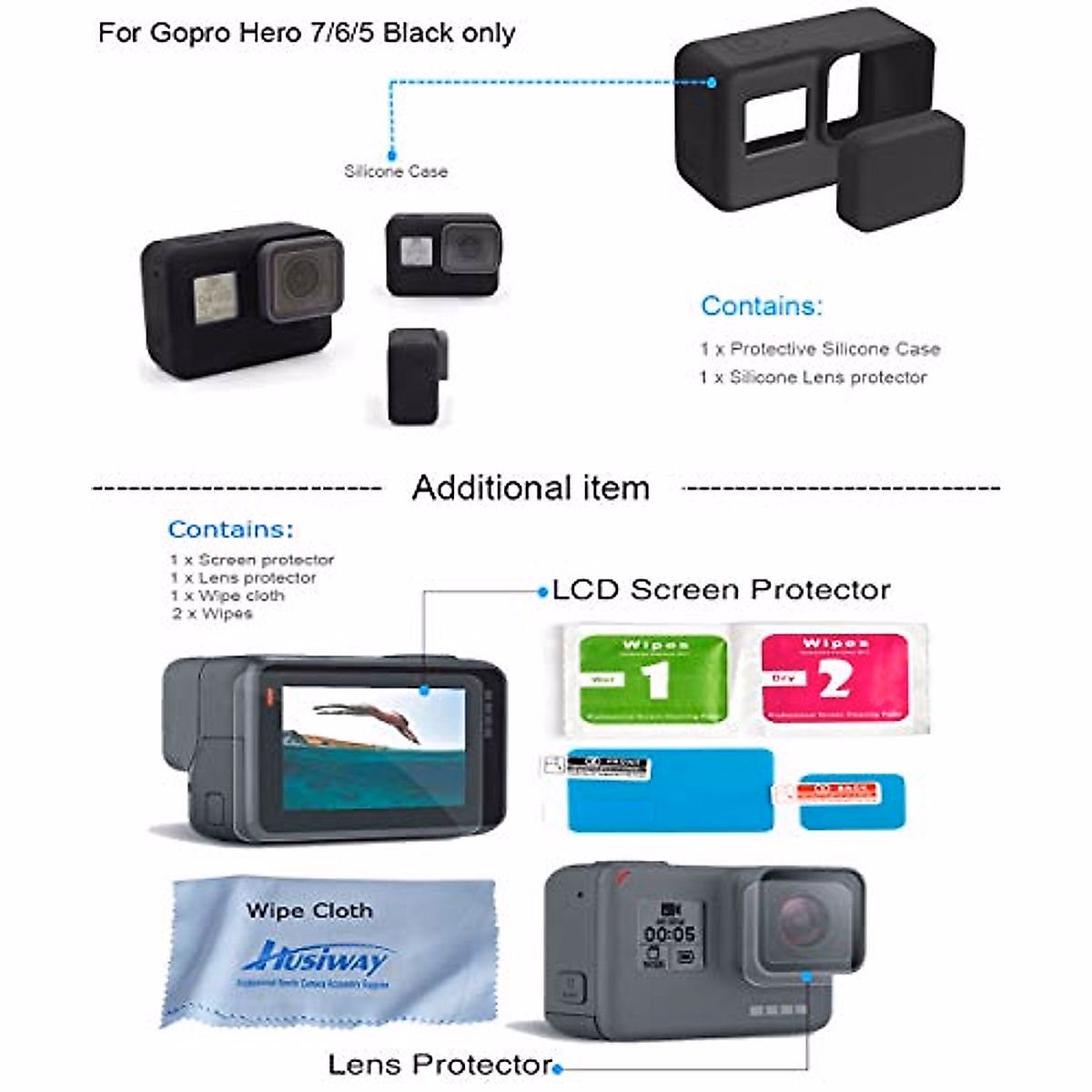 Husiway 68-in-1 Accessory Kit for GoPro Hero 7 6 5 Black GoPro7 Action Camera Filter Frame Waterproof Housing Case Bundle 60A