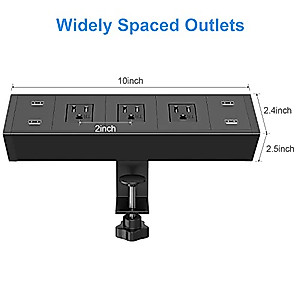 Metal Desk Clamp Power Strip with 4 USB Ports,Desk Edge Power Strip Surge Protector 800J with 3 Widely Spaced Tamper Resistant AC Outlets for Large Plug,6ft Cord,Fit 2 inch Tabletop Edge