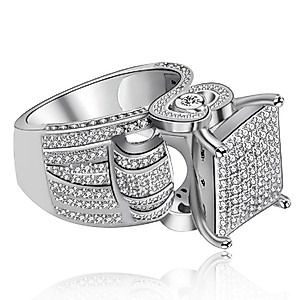 Uloveido Women's 0.4" Wide Square Cluster Engagement Heart Architecture Ring, Cocktail Bling Ring for Her RA0221 (Platinum, 8)