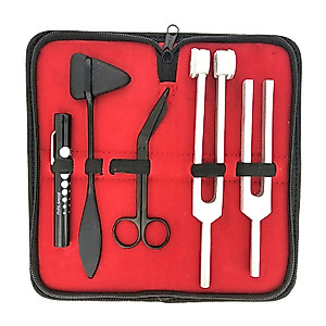 SURGICAL ONLINE Ultimate Medical Student Diagnostic Set - Premium Stethoscope & Tactical Black Set of 5 pcs Reflex Percussion Taylor Hammer + Penlight + Tuning Fork C 128 C 512 + Bandage Scissors 5.5