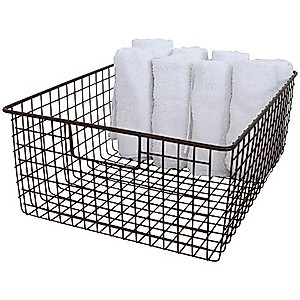 Kitchen Basics 101 Large Farmhouse Metal Wire Storage Basket Bins with Handles 16" x 12" x 6" Closets, Shelves, Cabinets, Bathrooms (Bronze, 2)
