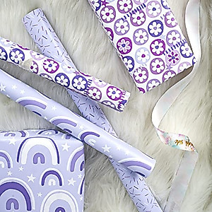 LeZakaa Purple Gift Wrapping Paper - Mini Roll - Flower Ball/Colorful Strip/Arch Print for Gift Wrap, Arts Crafts - 17 x 120 inches - 3 Rolls (43.77 sq.ft.ttl.)