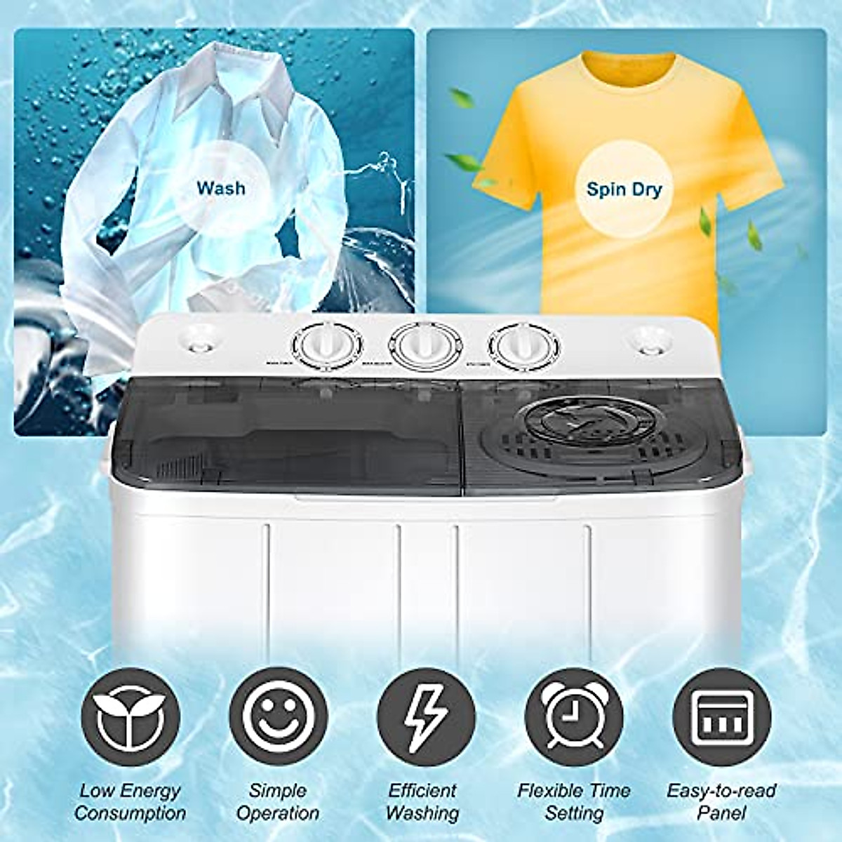 COSTWAY Portable Washing Machine, Twin Tub 22Lbs Capacity, Compact Washer(13.2Lbs) and Spinner(8.8Lbs) with Control Knobs, Built-in Drain Pump, Semi-Automatic Laundry washer for Apartment, RV (Grey)