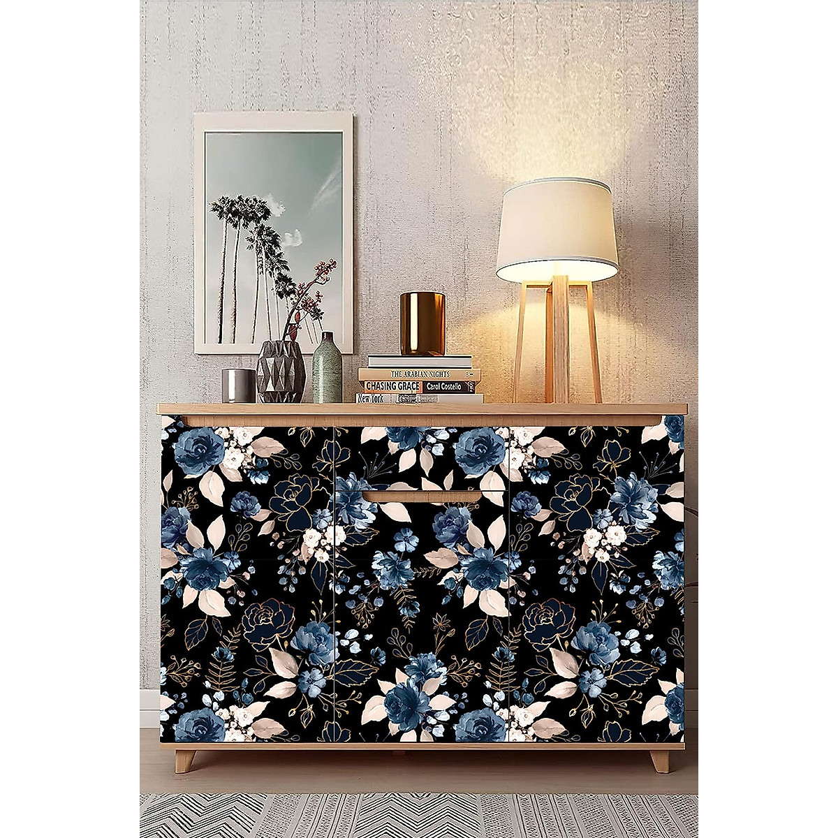 MIAHOME Black and Gold Floral Vintage Wallpaper Peel and Stick Wallpaper Flower Art Deco Dark Blue Contact Wall Paper for Cabinets Removable Vinyl Rose Self Adhesive Wallpaper 17.7in x 6.6ft