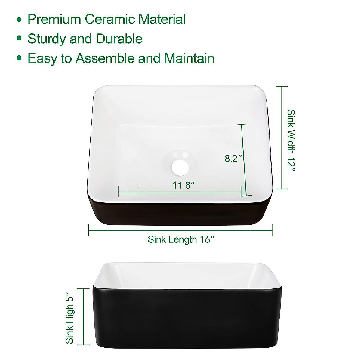 KGAR Rectangular Bathroom Sink, 16" x 12" Above Counter Porcelain Ceramic Vessel Sink with Faucet and Pop up Drain Combo, White and Black