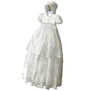 Newdeve Long Baptism Dresses for Baby Girls Christening Gowns Toddler with Bonnet White