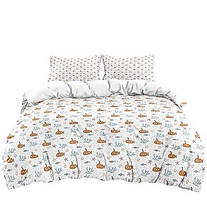 JIJIWANG Submarine Coral Print Duvet Cover Sets Cal King with 2 Pillowshames Boys Girls Coastal Starfish Fish Print Comforter Cover Sets for Kids Bedroom Bedding Sets Soft Polyester