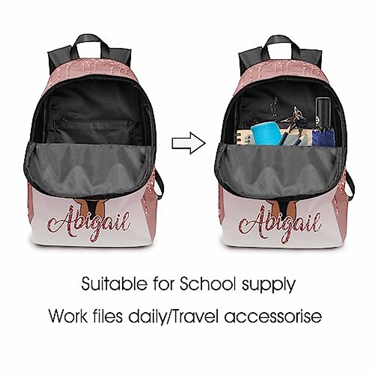 InterestPrint Customized Girls Bookbag with Lunch Bag, Personalized Pink Glitter Crown Knapsack Backpack Custom Backpack and Lunch Box for Daughter Granddaughter Birthday