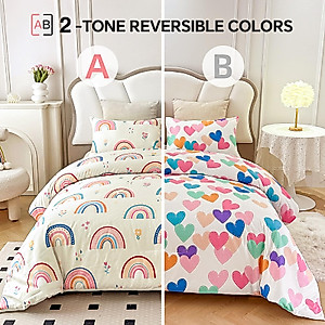 Btargot Lightweight Soft 3 Piece Rainbow Comforter Set with 2 Pillow Covers, Cartoon Love Hearts Flowers and Grass Bedding Set for Girls Boys Kids, Full Multi-Color