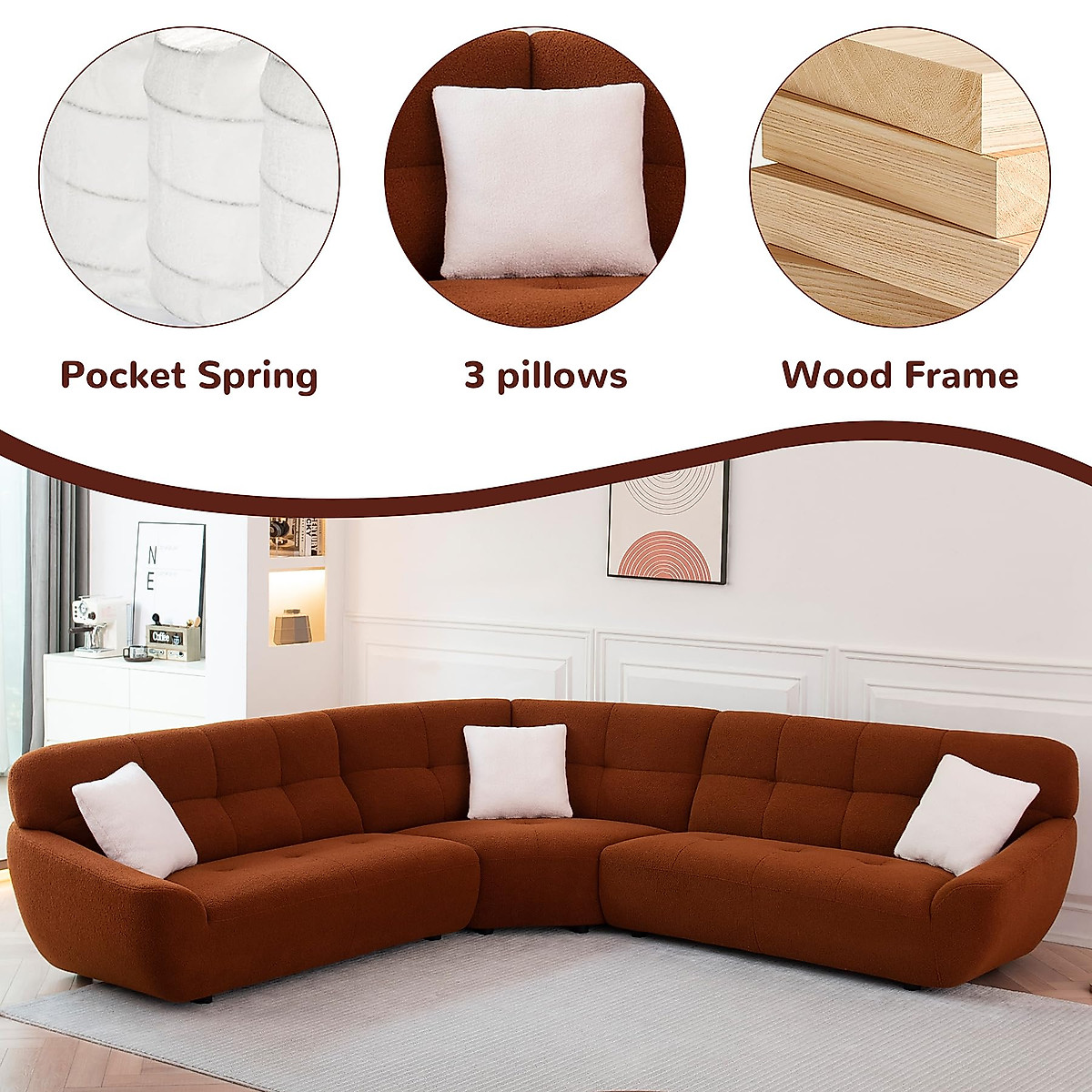 113'' Modular Sectional Sofa, Sherpa Lamb Fabric Original Design L Shaped Couch, 5 Seat Modern Corner Sofa with 3 Pillow for Living Room, Villa, Office (113''-Dark Orange)