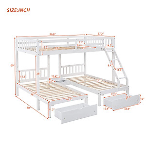 Wood Triple Bunk Bed with 3 Drawers and Guardrails, Full Over 2 Twin Bunk Bed for Family, Teens, No Box Spring Needed
