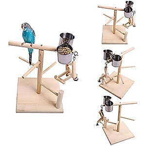 Litewoo Bird Table Perch Stand Playpen Wood Parrot Playground Exercise Training Playgym with Feeder Cups