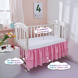 JSD Pink Crib Bed Skirt 14 in Deep Drop Dust Ruffle Double Layer Microfiber Nursery Bedding Skirt for Baby Girls