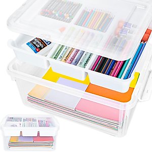 TERGOO 17QT Multipurpose Plastic Storage Organizer Box with Removable Tray, Stackable Craft Organizers and Storage Bins with Lid, Clear Art Storage Container for Organizing Playdoh, Crayon (Clear)