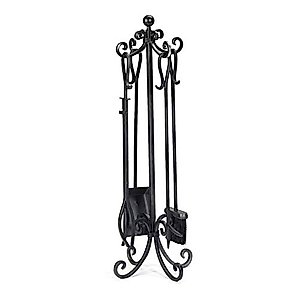 Plow & Hearth Crest Fireplace 4-Piece Tool Set with Stand, Solid Steel, Convenient Hanging Loops, Tongs, Poker, Shovel, Broom, Decorative and Functional, Approx. 12"" diam. x 34¾"" H (Black)