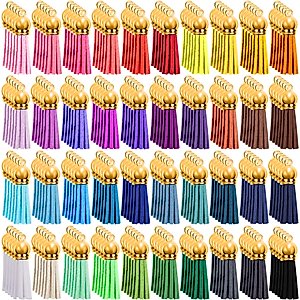 Duufin 200 Pieces Keychain Tassels Bulk Leather Tassel Colored Tassel Pendants for DIY Keychain and Craft, 40 Colors (Gold Cap)