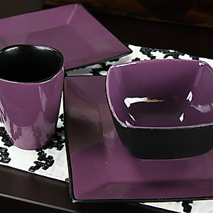 Elama Stoneware Square Dinnerware Dish Set, 16 Piece, Solid Purple