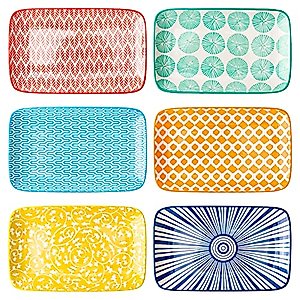 KitchenTour Rectangular Serving Platter, 8 inch Ceramic Dinner Plates Serving Trays Set of 6 for Salad, Appetizers, Sushi, Fruit, Microwave and Dishwasher Safe