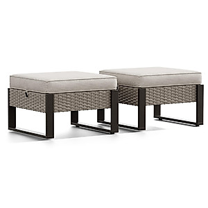 Joyside Patio Ottomans Outdoor Foot Rest-All Weather PE Rattan Ottomans Footstools with Removable Cushions & Anti-Rust Wood-Looking Legs for Garden Backyard Porch Deck (Beige)