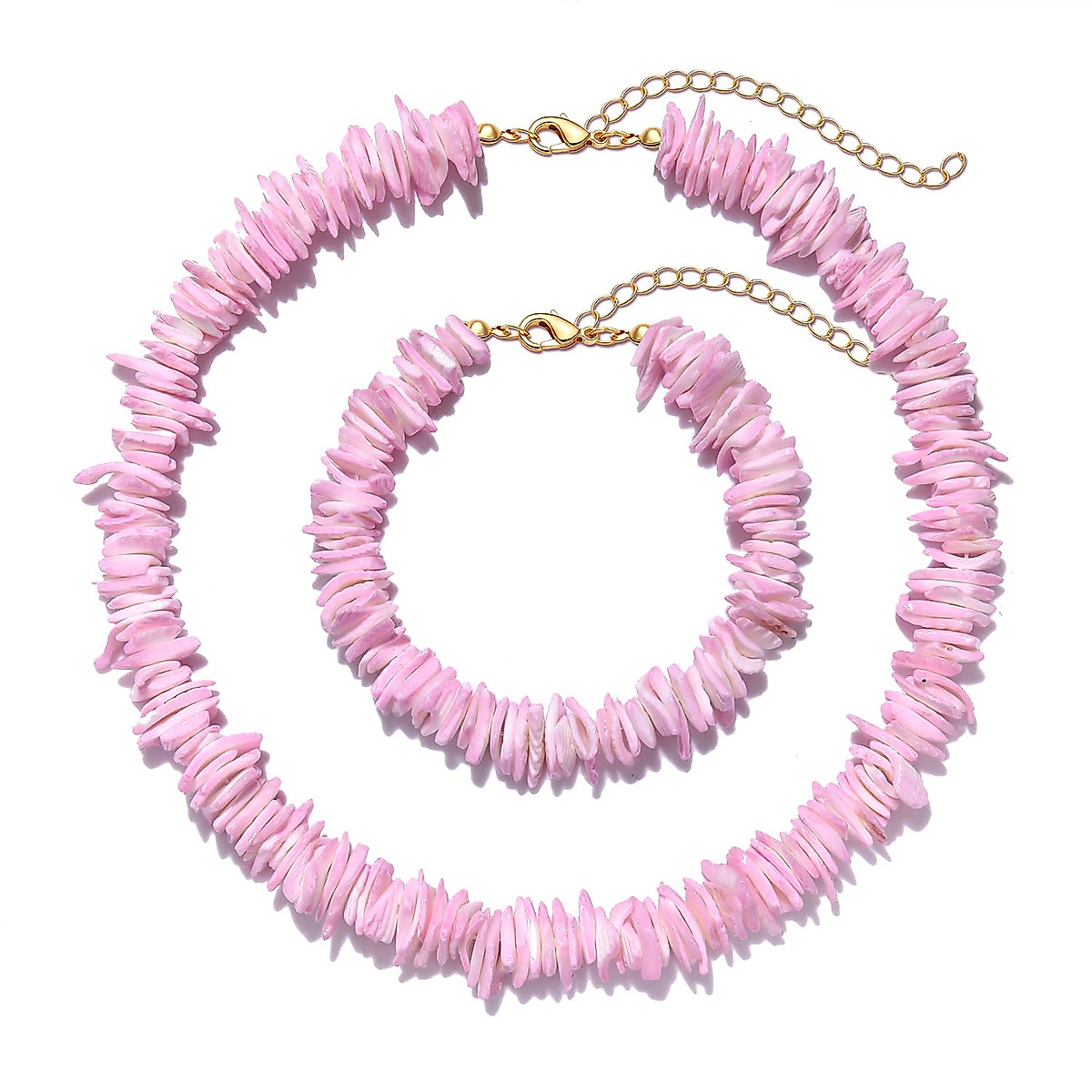 BSJELL Puka Shell Necklace Bracelet for Women Hawaiian Seashell Choker Necklace Surfer Beach Seashell Bracelet VCSO Summer Jewelry Set (Pink)