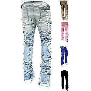 Giraropa Mens Black Stacked Jeans Slim Fit Skinny Ripped Jeans Destroyed Straight Denim Pants Harajuku Hip Hop Trousers Streetwear (Black, L)