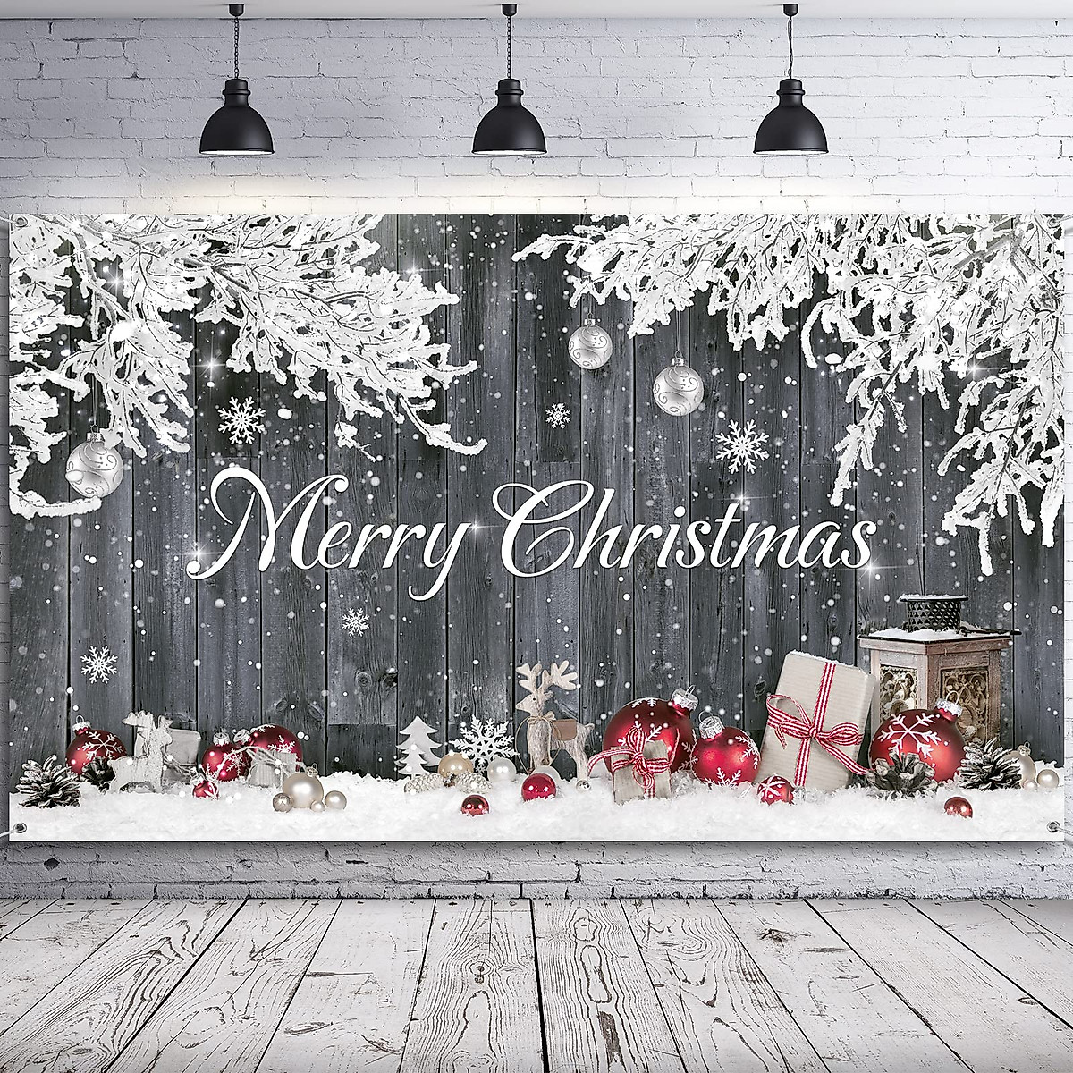 Christmas Wood Photography Backdrop Merry Christmas Santa Claus Gifts Background Rustic Barn Snowflakes Photo Background for Winter Holiday Home Decor Xmas Party Photography Props, 73 x 43 Inches