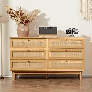 DHMAKER 6 Drawer Rattan Dresser, 48" Modern Double Dresser for Bedroom, Wide Chest of Drawers, Wood Storage Cabinet for Bedroom, Entryway, Living Room, Hallway