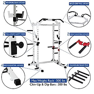 body power], 1st Gen Sturdy Deluxe Rack Cage with Accessories, Power Rack, Power Tower, Pull-Up Bar, Squat Rack, Attachments, Safety Bars, Built-in Floor-Mount Anchors, White, SMU6200