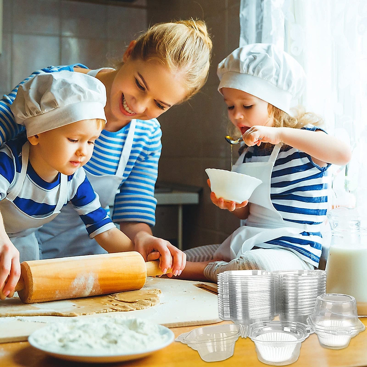 FVIEXE 100 Pack Individual Cupcake Containers, Single Plastic Cupcake Storage Boxes, Disposable Clear Cupcake Holder with Lid To Go Muffin Transport Carrier with 100 Pack Cupcake Liners for Party