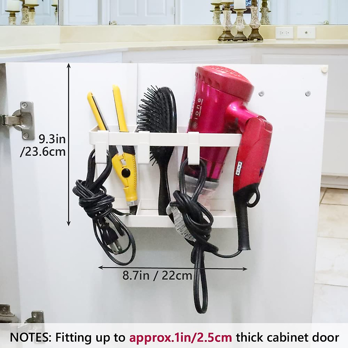 Metal Hair Dryer Holder, Japard 3 in 1 Hair Tool Organizer Wall Mount, Caninet Door, Table Top, Heat Resistant, Simple Design, White