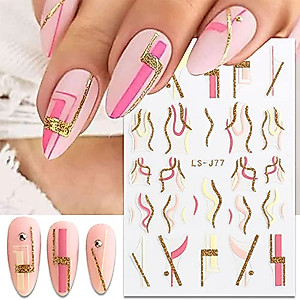 JMEOWIO 9 Sheets French Tip Nail Art Stickers Decals Self-Adhesive Pegatinas Uñas Colorful Glitter Wave Line Nail Supplies Nail Art Design Decoration Accessories