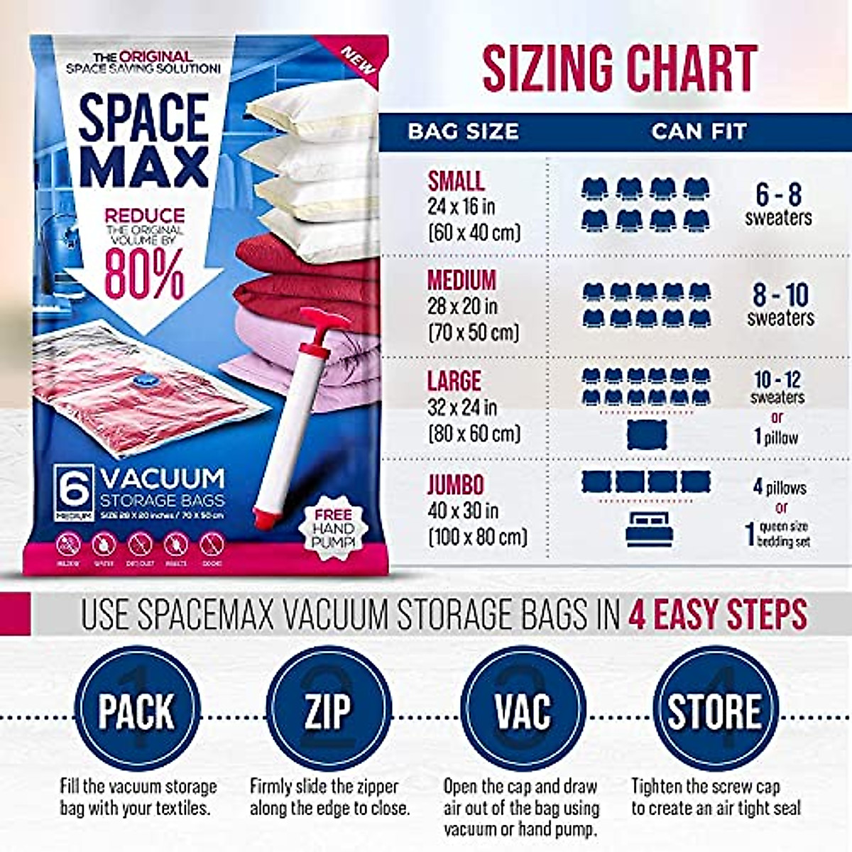 Jumbo 6 Pack | SPACE MAX Premium Space Saver Vacuum Storage Bags - Save 80% More Storage Space - Reusable, Double Zip Seal & Leak Valve, Includes Travel Hand Pump