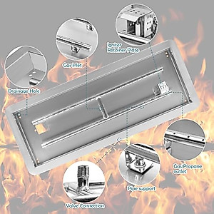 24" x 8" Drop-in Fire Pit Pan, Rectangular Stainless Steel Natural & Propane Gas Firepit Insert Kit with H-Burner, Spark Ignition and Propane Hose Kit for Indoor & Outdoor, Rated for up to 120,000 BTU