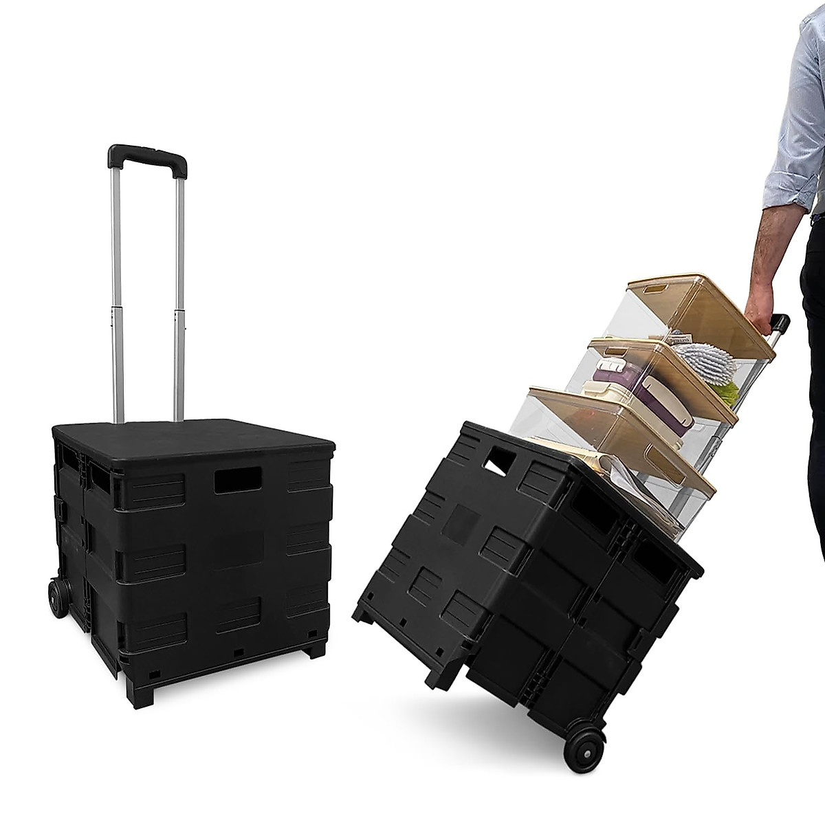 Inspired Living Collapsible Ultra-Slim Pack-N-Roll,2 Wheel Utility Cart w/Lid used as Seat up to 250 Lbs, Telescopic Handle - Super Strong, for Home, Garden, Shopping, Office, School use, Large, Black